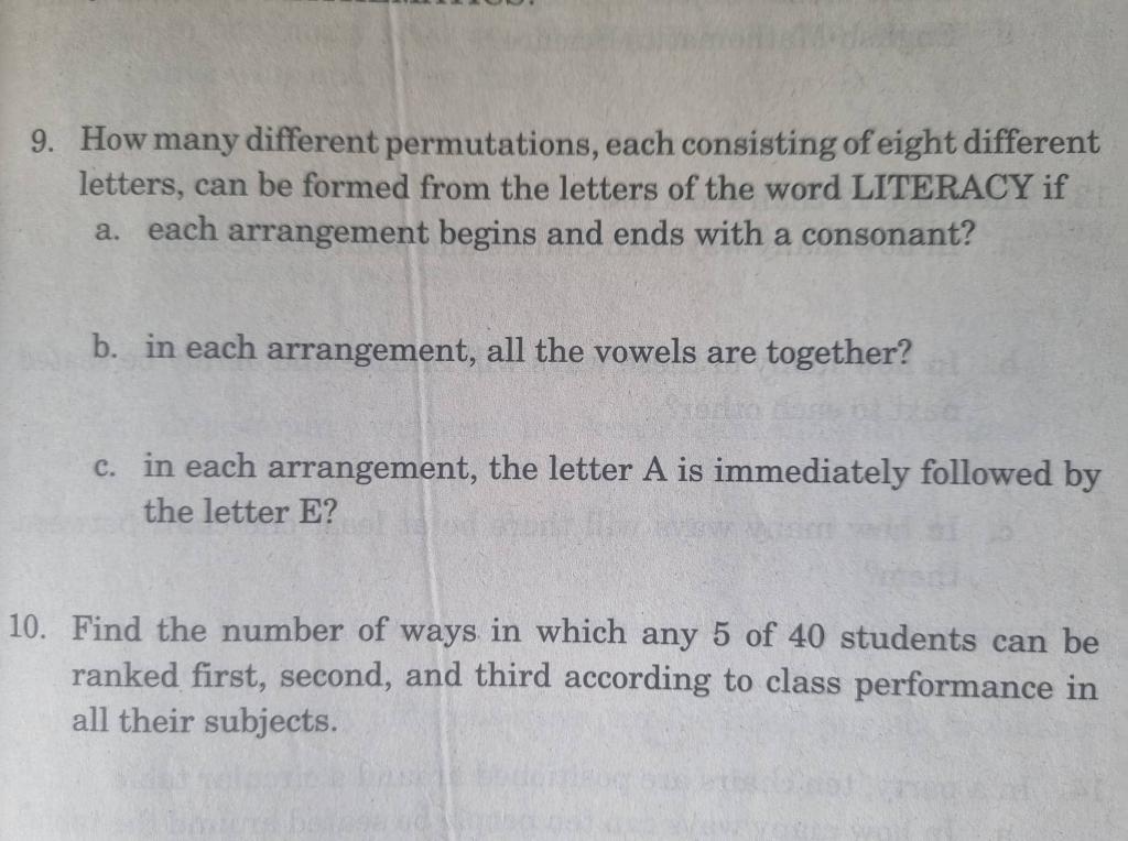 Solved 9. How many different permutations, each consisting | Chegg.com