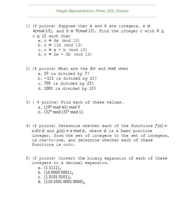 Solved Integer Representation, Prime, GCD, Division 1) (4 | Chegg.com