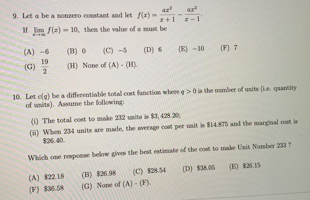 Solved ax2 ax2 2-1 9. Let a be a nonzero constant and let | Chegg.com