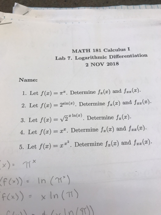 Solved MATH 181 Calculus I Lab 7. Logarithmic | Chegg.com