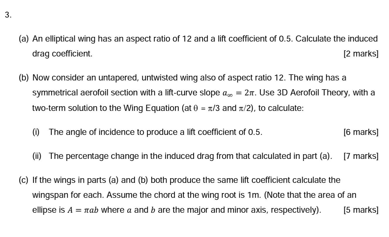 Solved (a) An elliptical wing has an aspect ratio of 12 and | Chegg.com