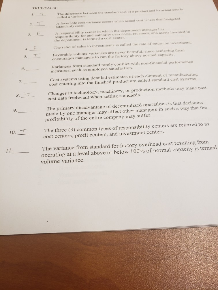 Solved TRUE/FALSE The difference between the standard cost | Chegg.com