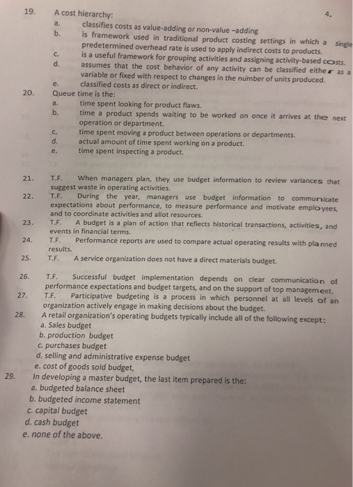 Solved 19 A Cost Hierarchy A B 4 Classifies Costs As