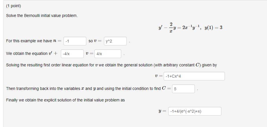 Solved (1 point) Solve the Bernoulli initial value problem. | Chegg.com