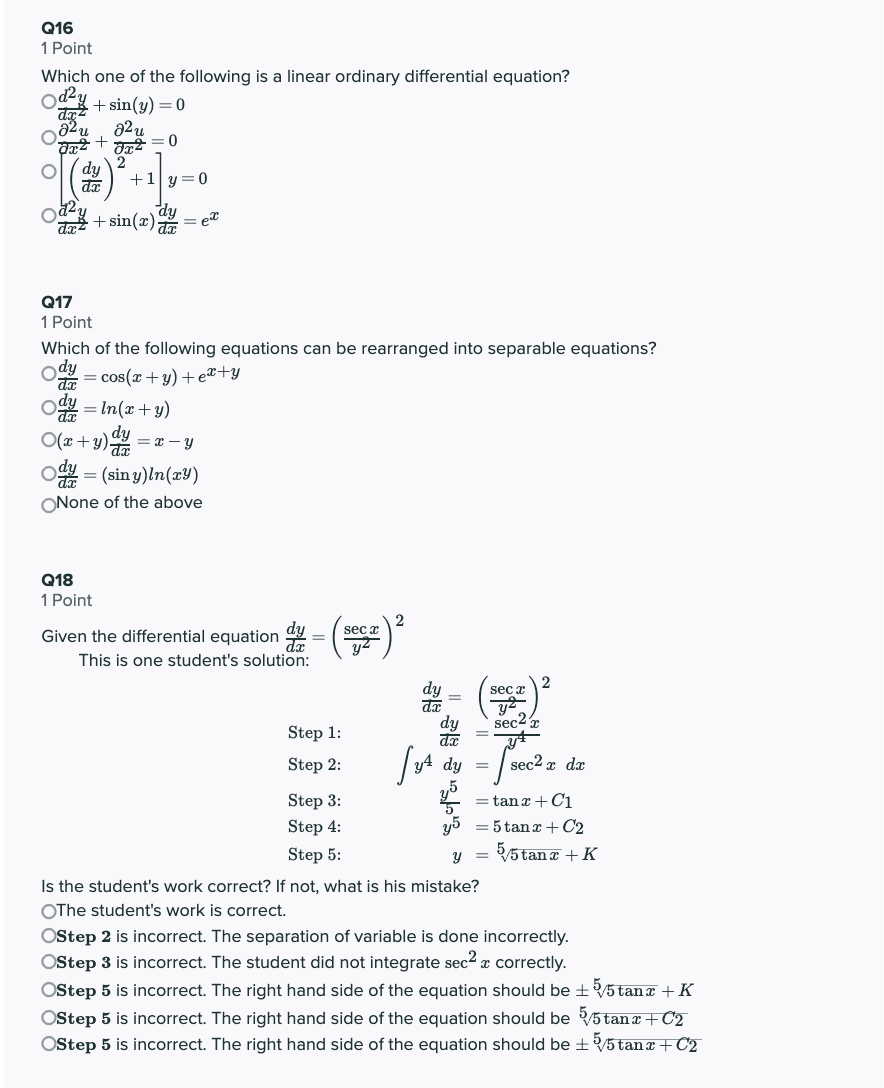 Solved Q16 1 Point Which one of the following is a linear | Chegg.com