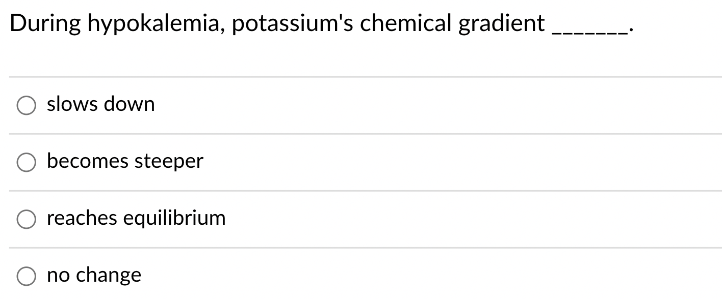 Solved During hypokalemia, potassium's chemical gradient | Chegg.com