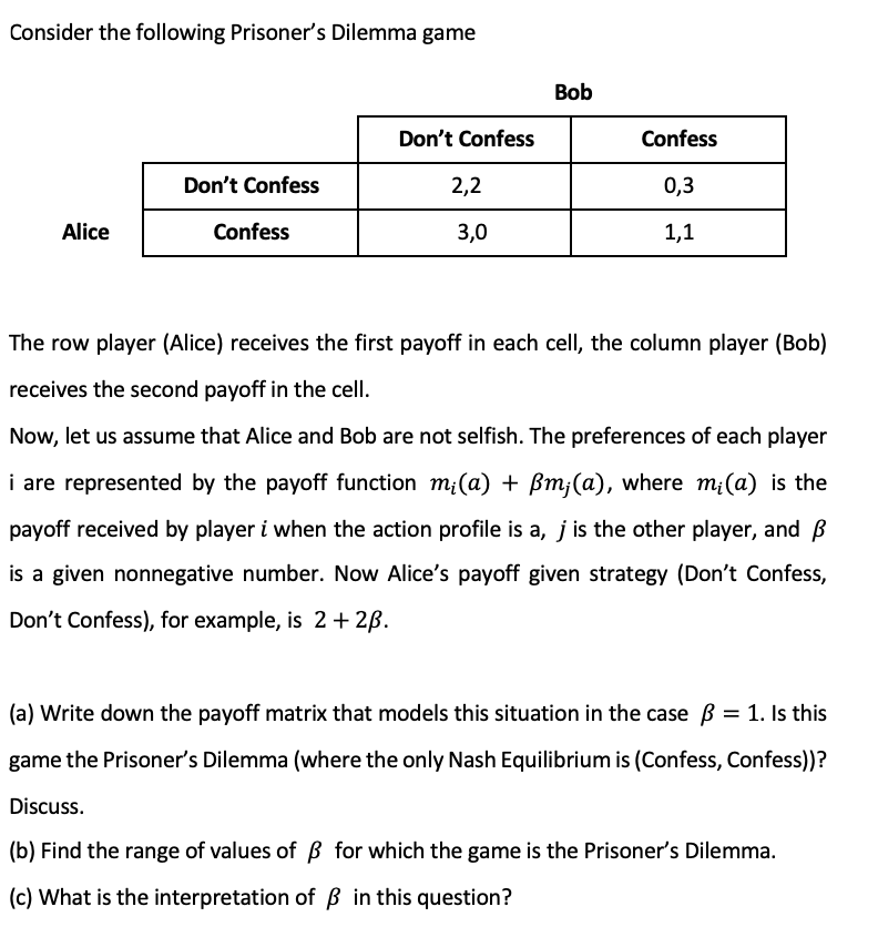 Solved Consider the following Prisoner's Dilemma game Alice | Chegg.com