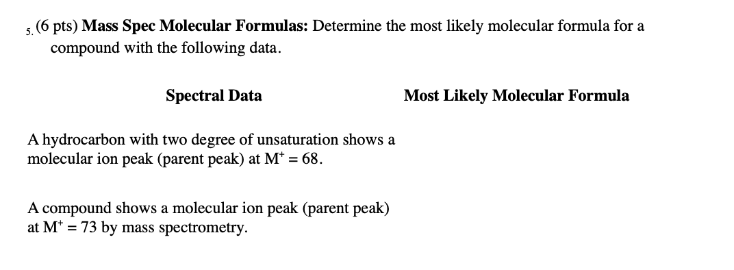 Solved 5. (6 pts) Mass Spec Molecular Formulas: Determine | Chegg.com