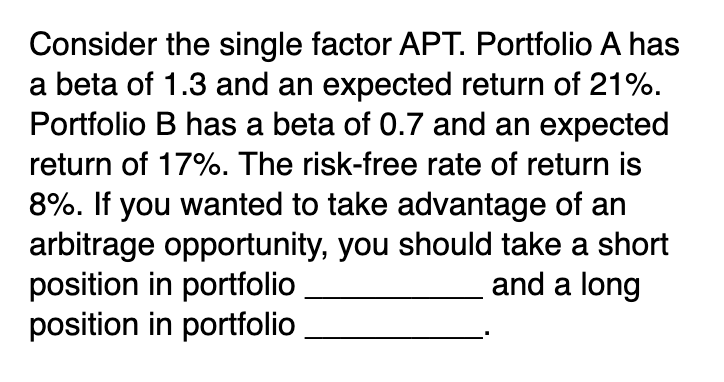 Solved Consider the single factor APT. Portfolio A has a | Chegg.com