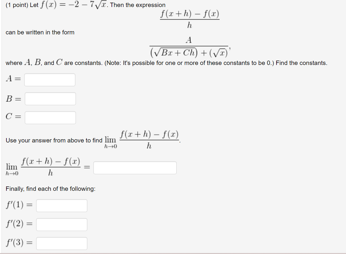Solved (1 ﻿point) ﻿Let f(x)=-2-7x2. ﻿Then the | Chegg.com