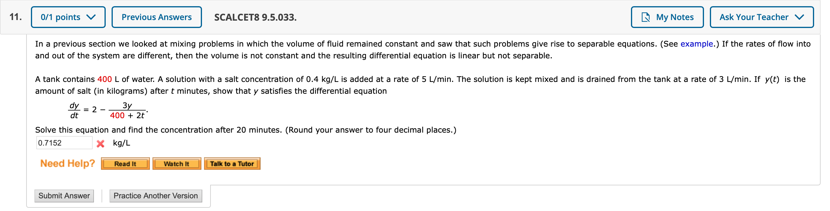 Solved 11. 0/1 points V Previous Answers SCALCET8 9.5.033. | Chegg.com