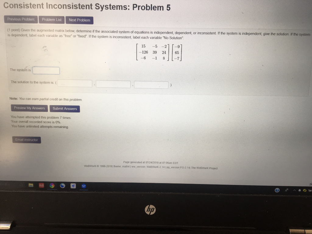Solved Consistent Inconsistent Systems: Problem 5 Previous | Chegg.com
