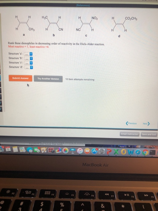 Solved HCH HNO2 COCH3 CN Rank these dienophiles in | Chegg.com