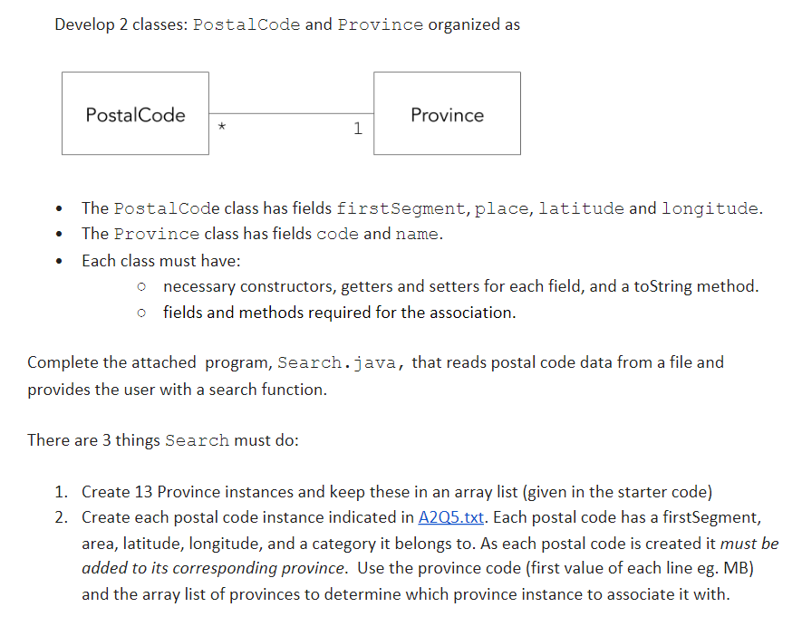 Solved Develop 2 classes: PostalCode and Province organized | Chegg.com