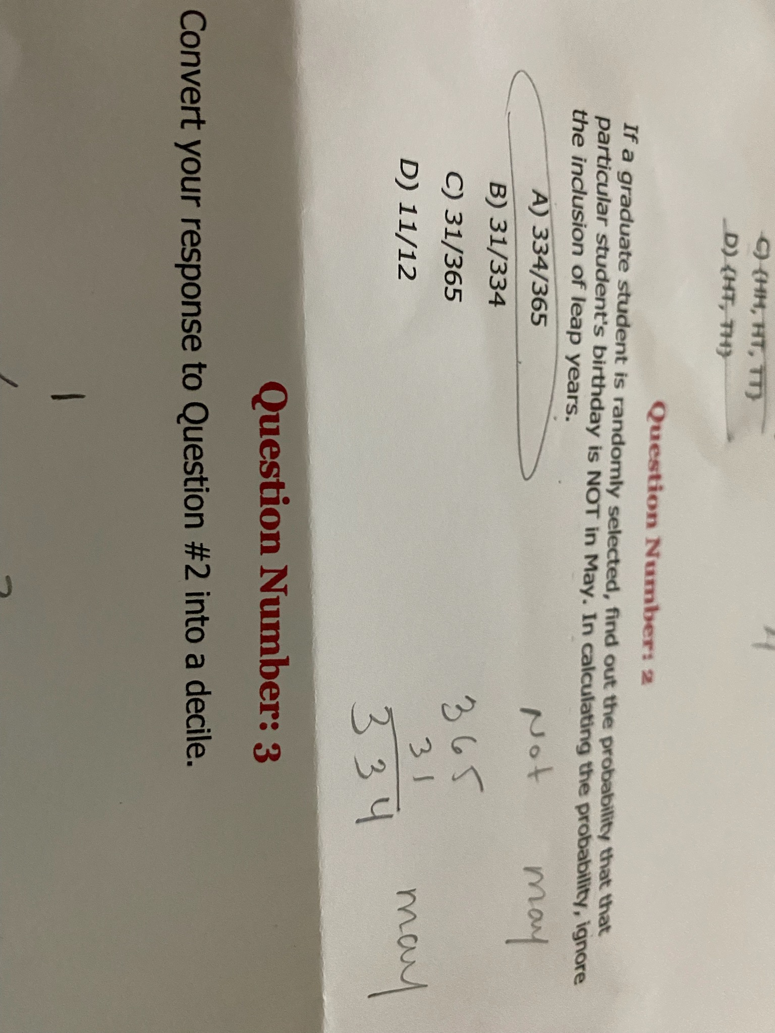 Solved C) (H14, HT, TT) D) {HT,TH} Question Number: 2 If a | Chegg.com