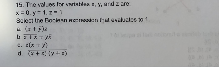 Solved 15. The values for variables x, y, and z are: Select | Chegg.com