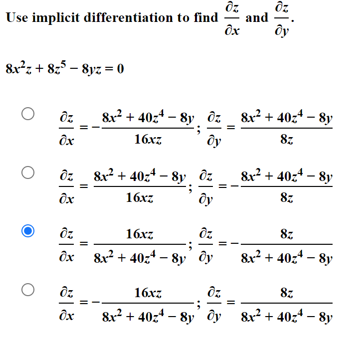 Solved Use implicit differentiation to find ∂x∂z and ∂y∂z. | Chegg.com