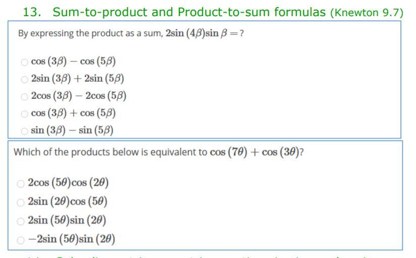 Solved 13. Sum-to-product and Product-to-sum formulas | Chegg.com