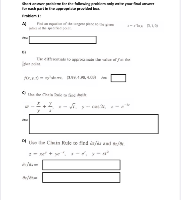 Solved Short answer problem: for the following problem only | Chegg.com