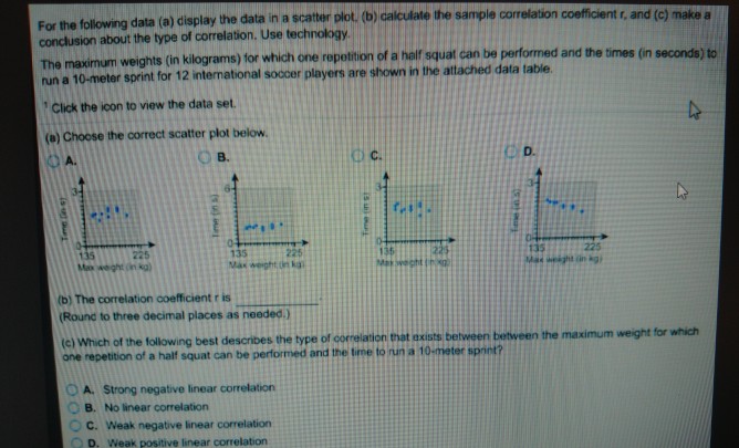 Solved the sam ple correlation coefficient r, and (c) make a | Chegg.com