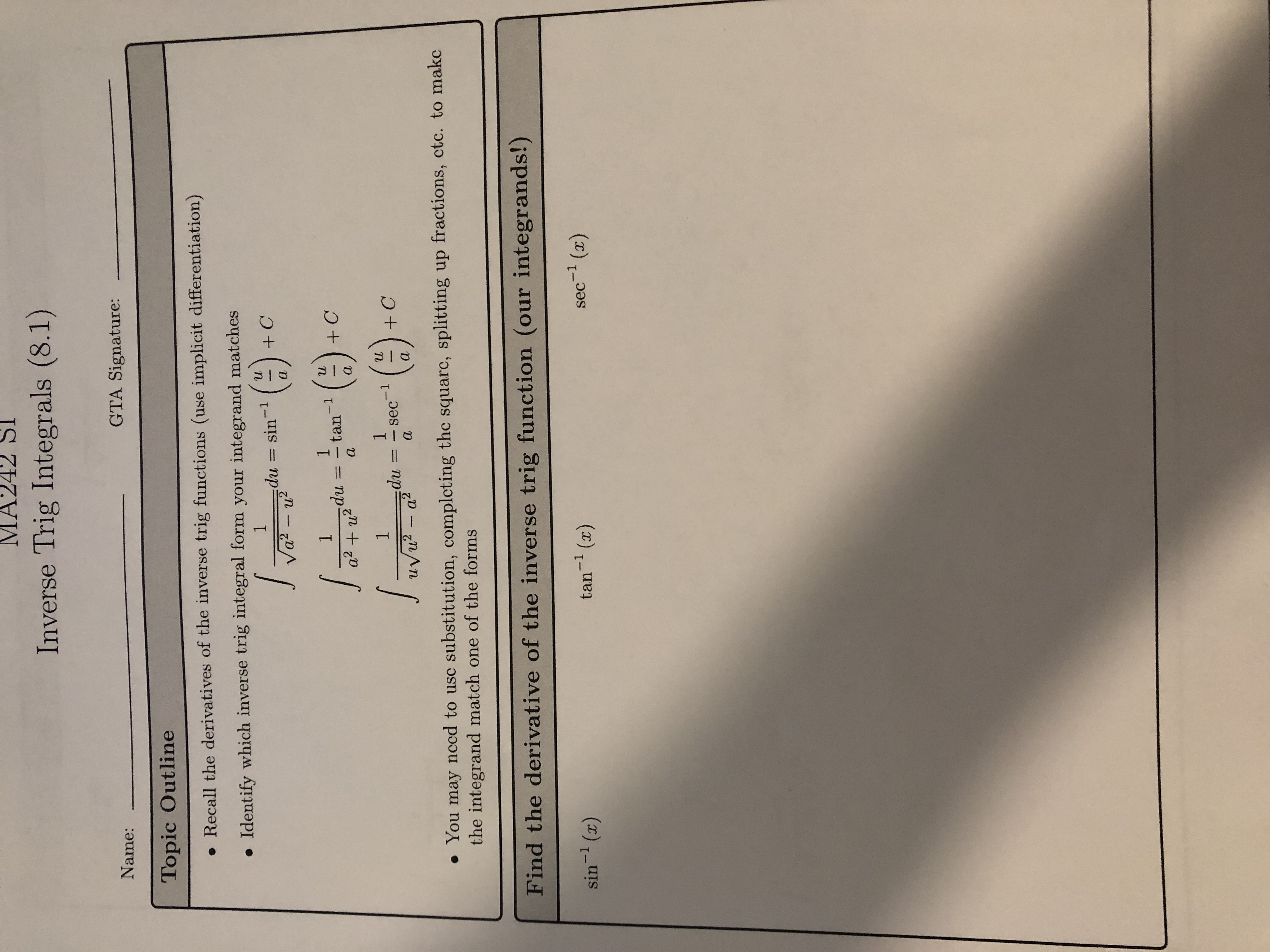 Solved - Recall the derivatives of the inverse trig | Chegg.com