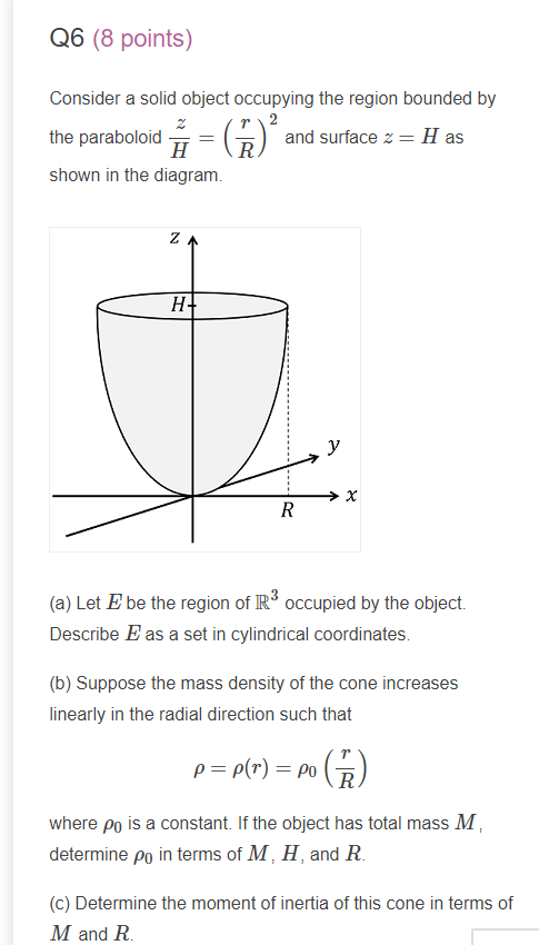 Solved Q6 (8 points) Consider a solid object occupying the | Chegg.com