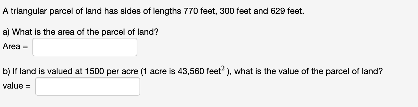 Solved A triangular parcel of land has sides of lengths 770 | Chegg.com