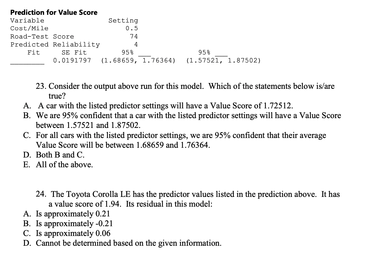 Solved Prediction for Value Score Variable Setting Cost/Mile | Chegg.com