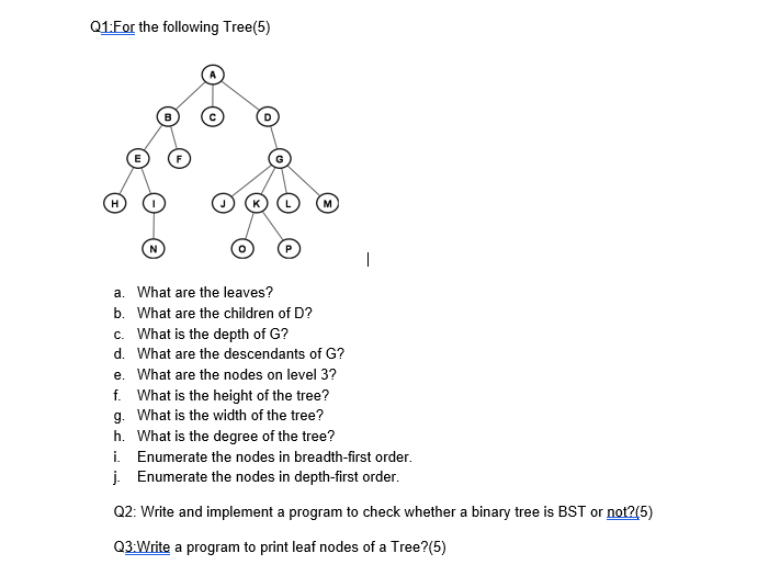 Solved Q1: For the following Tree(5) D N a. What are the | Chegg.com