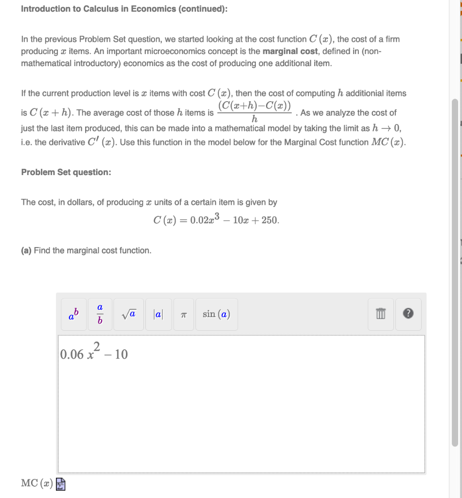 Solved Introduction to Calculus in Economics (continued): In | Chegg.com