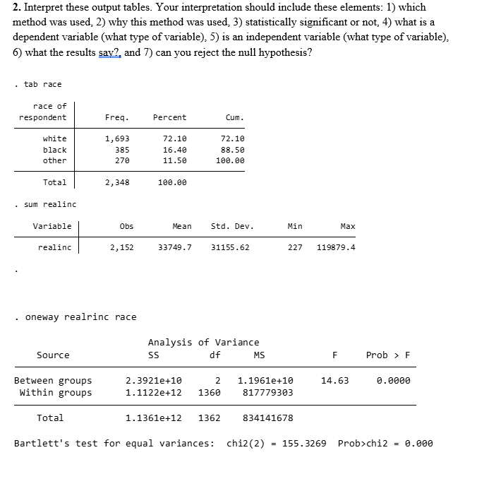 2. Interpret these output tables. Your interpretation | Chegg.com