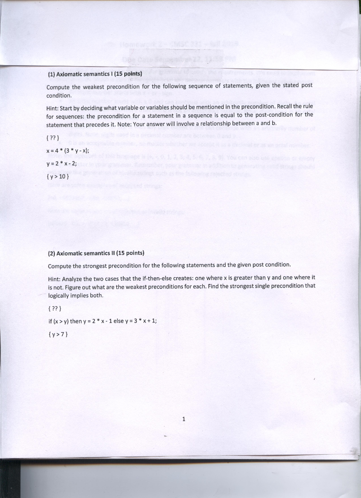 (1) Axiomatic semantics I (15 points) Compute the | Chegg.com