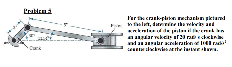 Solved Problem 5 5" 30° For the crank-piston mechanism | Chegg.com