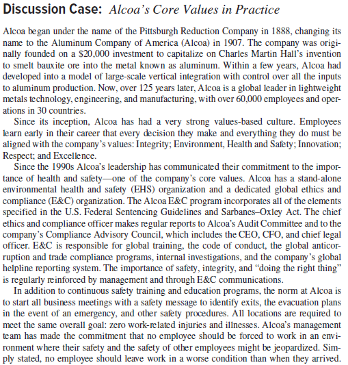 Solved Discussion Case: Alcoa's Core Values in Practice | Chegg.com
