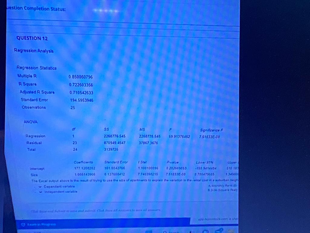 Solved yertion Completion Status: QUESTION 12 Regression | Chegg.com