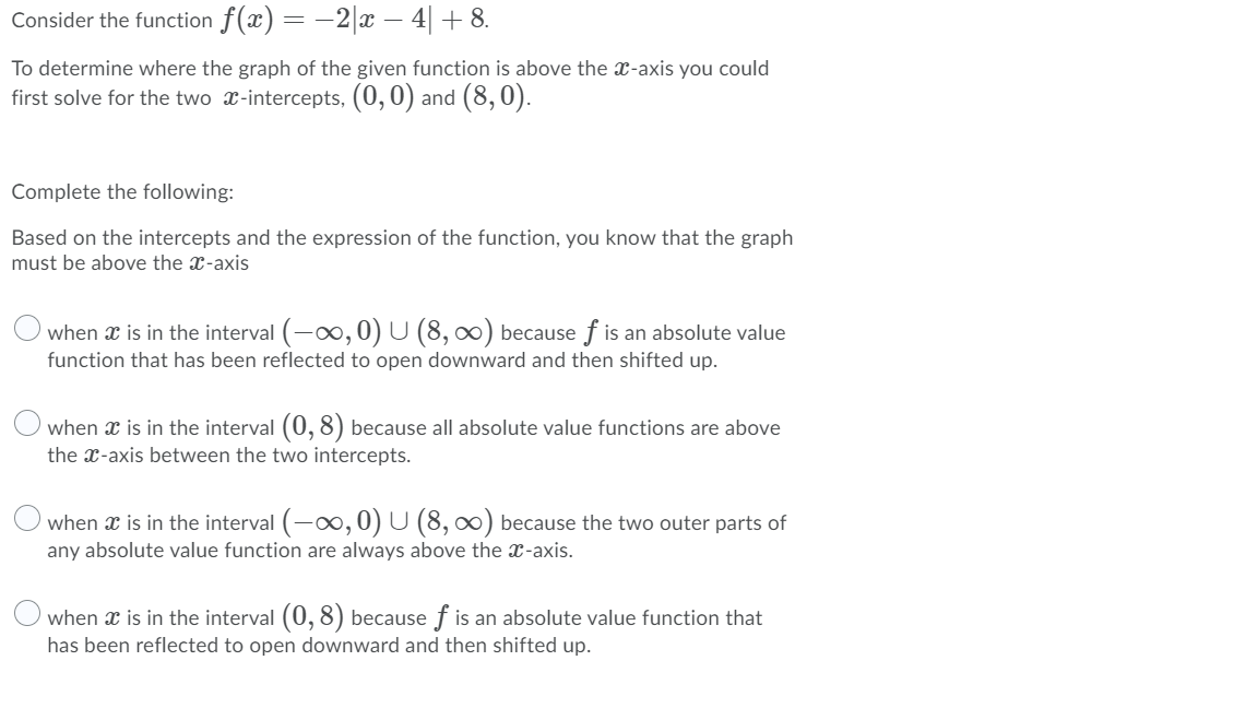 Solved Consider the function f(x) = -2|x – 4| + 8. To | Chegg.com