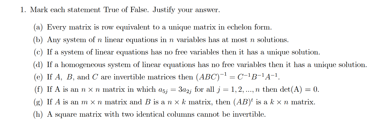 Solved 1. Mark each statement True of False. Justify your | Chegg.com