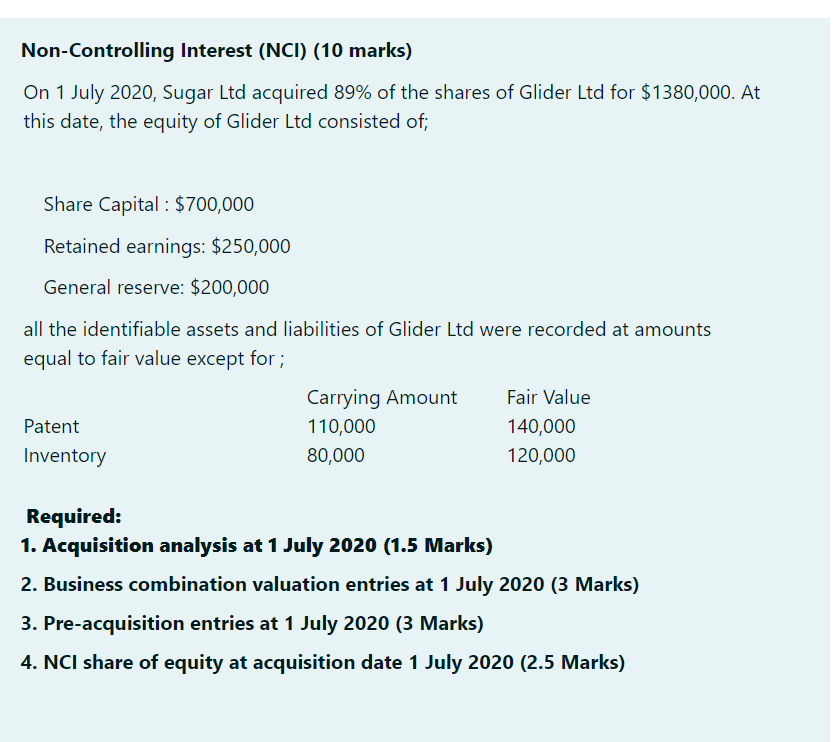 Solved Non-Controlling Interest (NCI) (10 marks) On 1 July | Chegg.com
