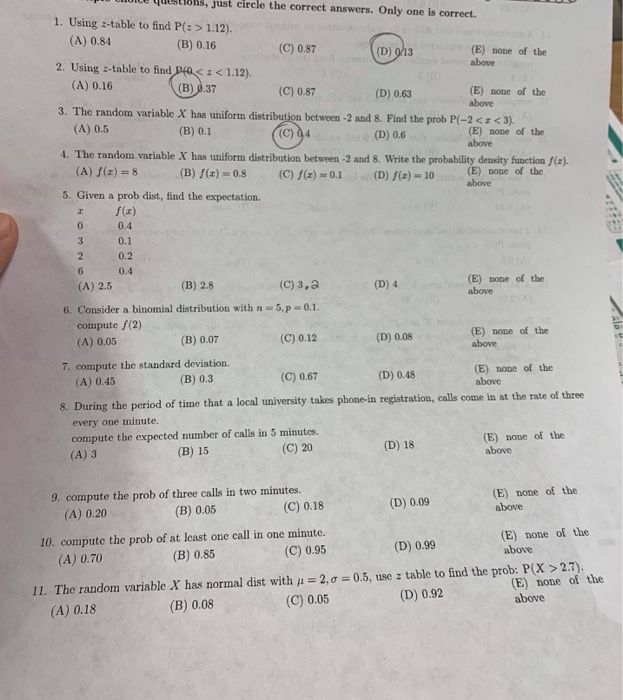 Solved Ite questions, just circle the correct answers. Only | Chegg.com