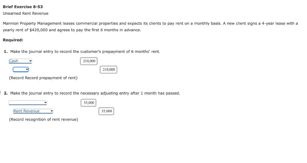 Solved Brief Exercise 8-53 Unearned Rent Revenue Mannion | Chegg.com