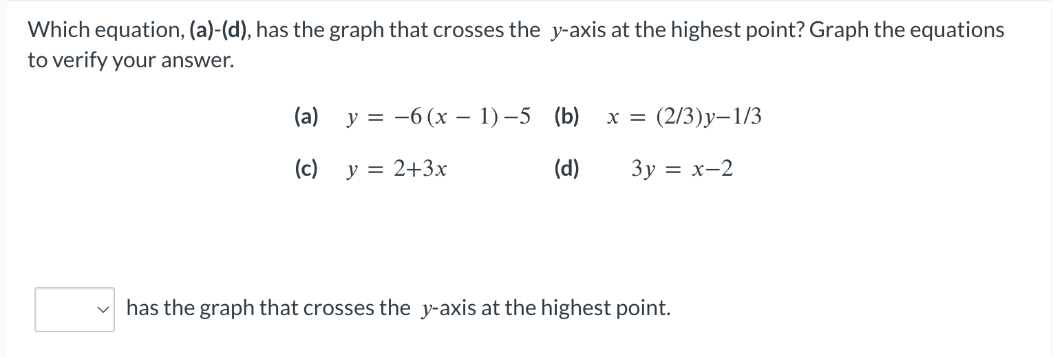 Solved Which equation, (a)-(d), has the graph that crosses | Chegg.com