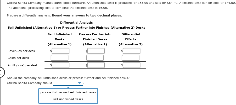 Solved Oficina Bonita Company manufactures office furniture. | Chegg.com