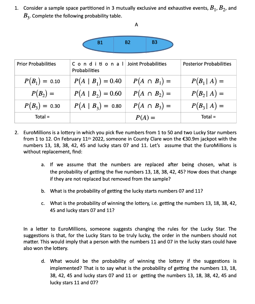Solved 1. Consider a sample space partitioned in 3 mutually | Chegg.com