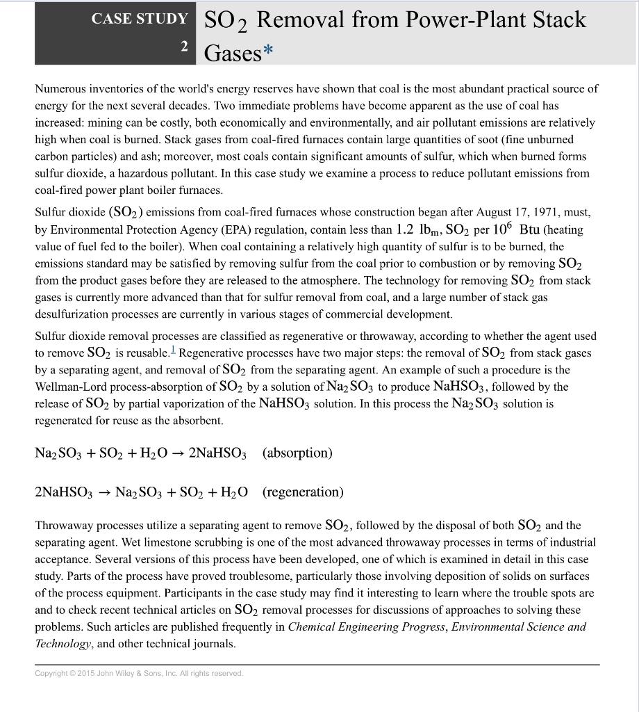 Solved CASE STUDY SO2 Removal from Power-Plant Stack Gases* | Chegg.com