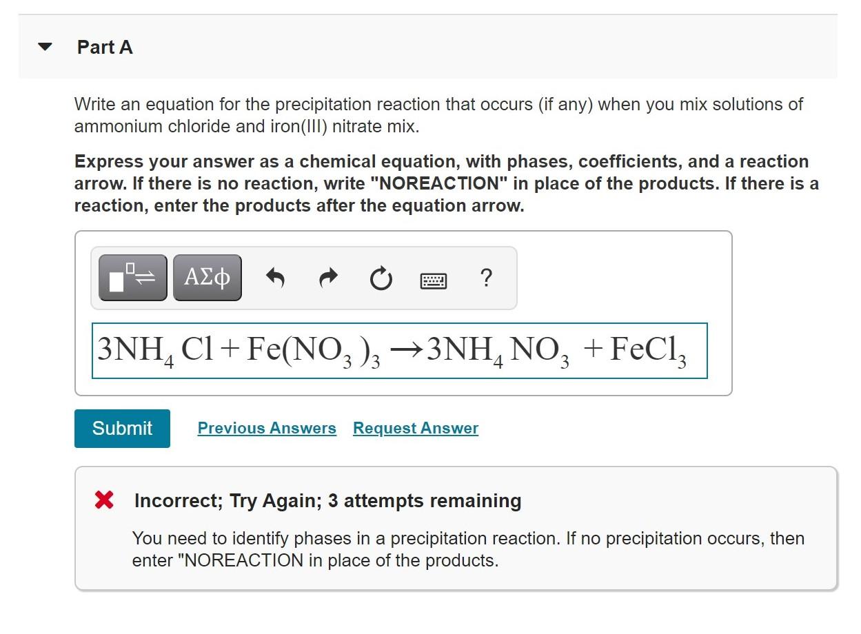 Solved Part A Write an equation for the precipitation | Chegg.com
