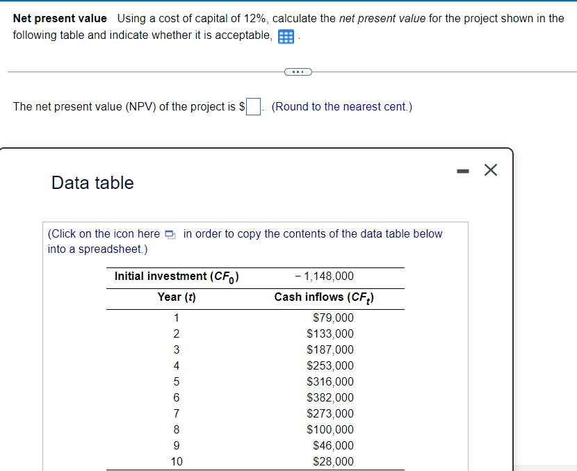Solved Net present value Using a cost of capital of 12%, | Chegg.com