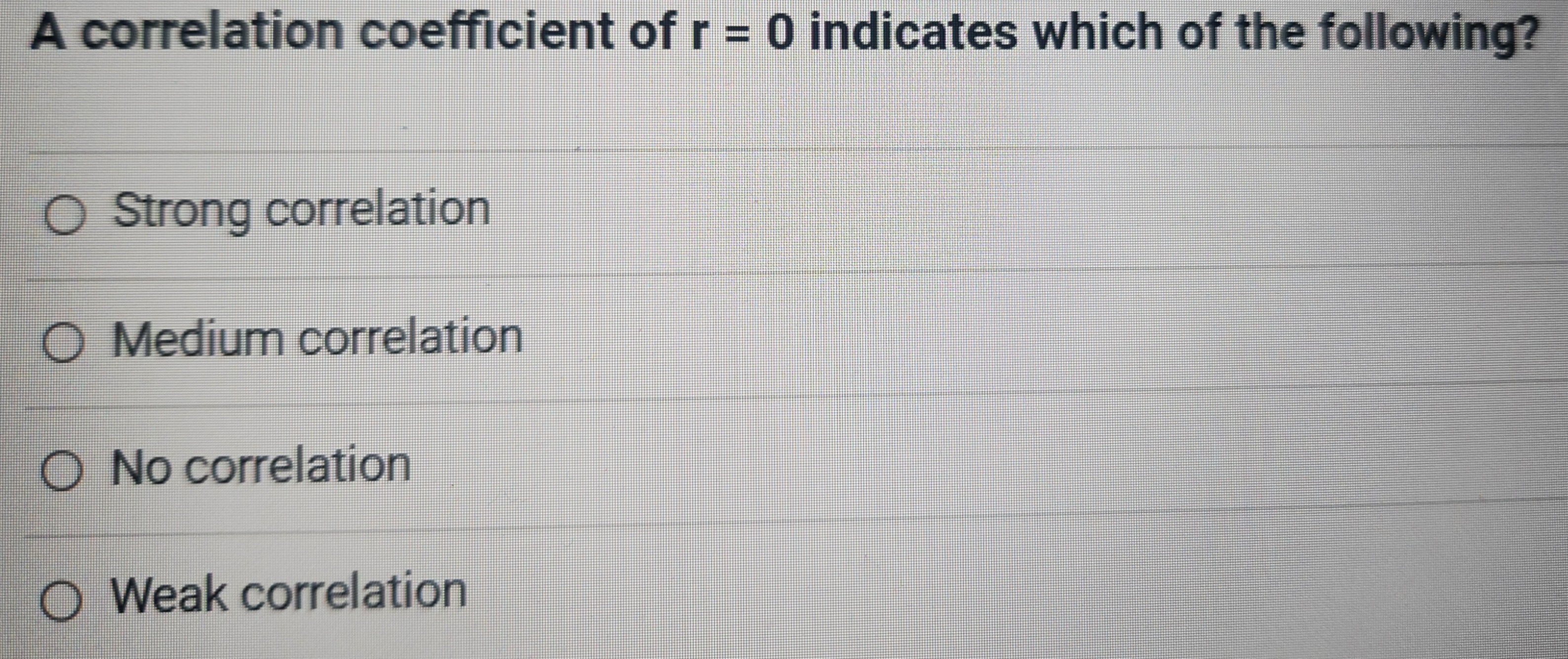 Solved A correlation coefficient of r=0 ﻿indicates which of | Chegg.com
