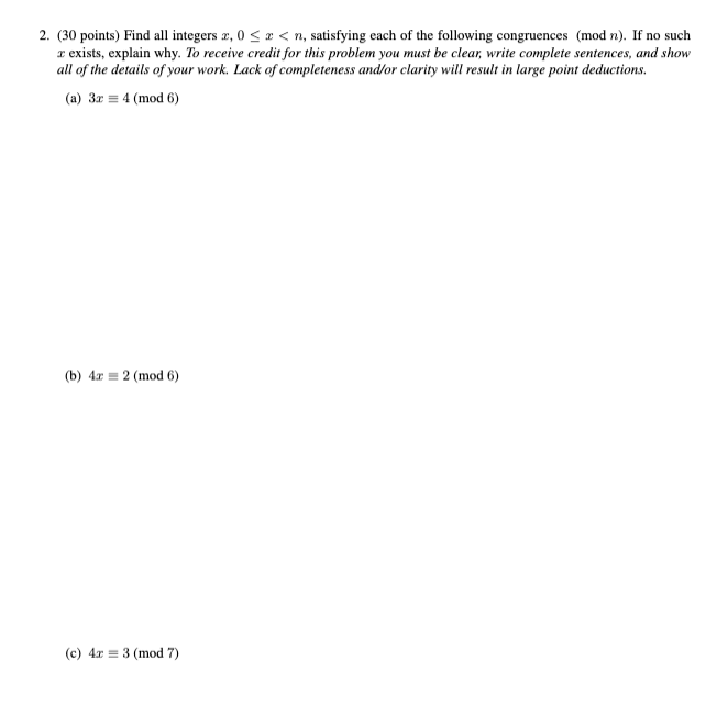 Solved 2. (30 points) Find all integers x,0≤x | Chegg.com