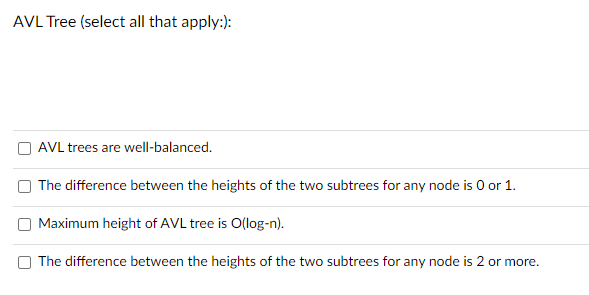 Solved AVL Tree (select all that apply:): AVL trees are | Chegg.com