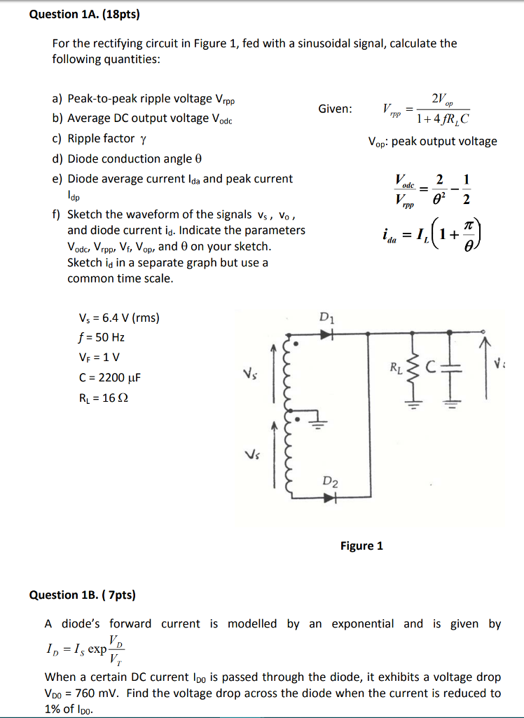 Solved Question 1A. (18pts) For the rectifying circuit in | Chegg.com